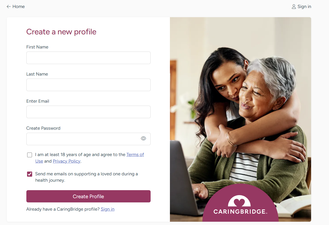 How do I create a new CaringBridge Profile?