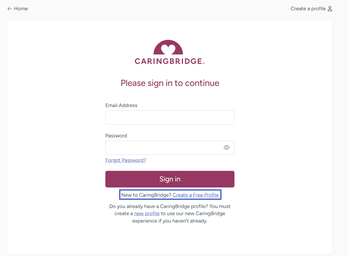 How do I create a new CaringBridge Profile?