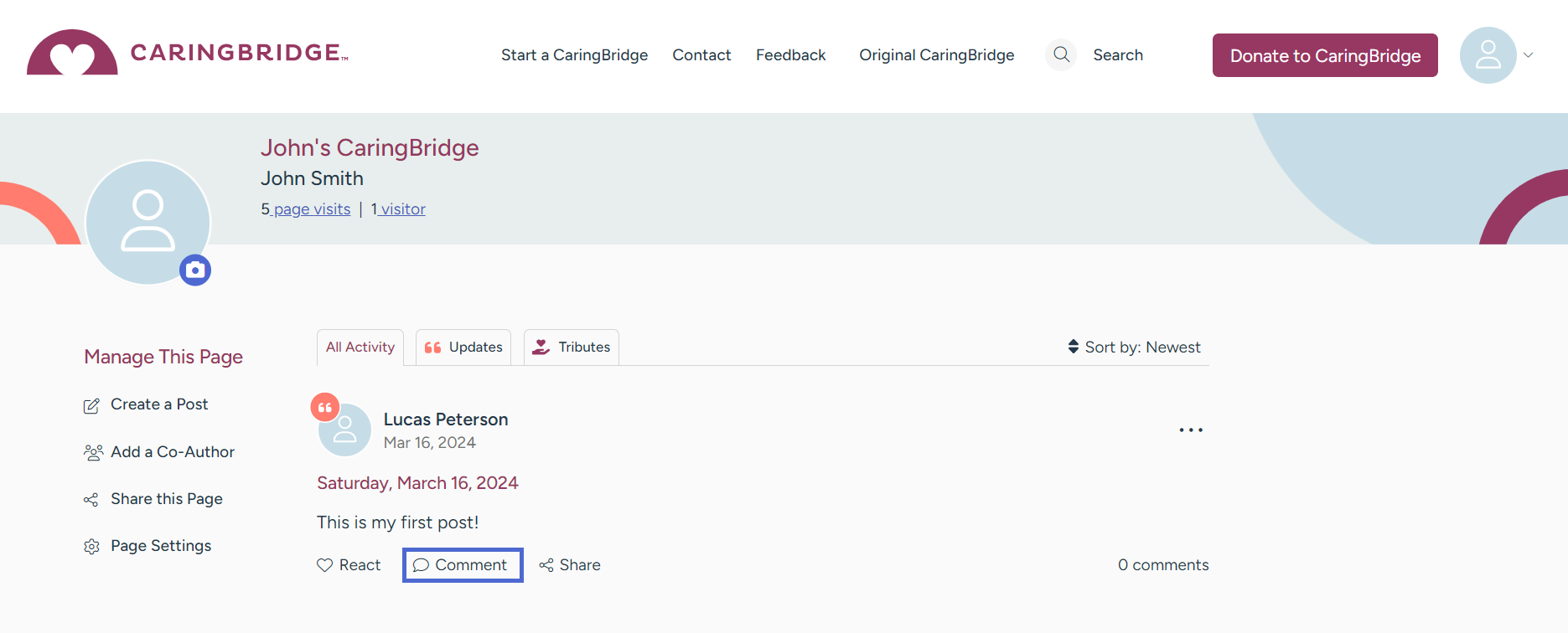 How do I leave a comment on someone's CaringBridge