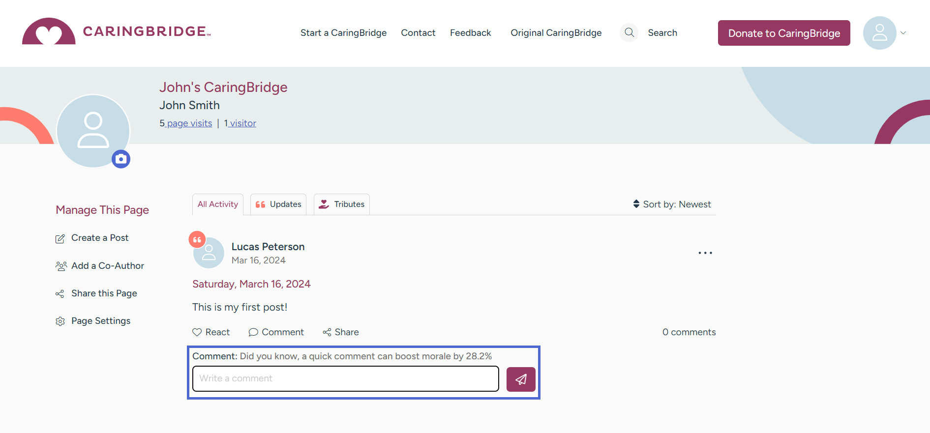 How do I leave a comment on someone's CaringBridge