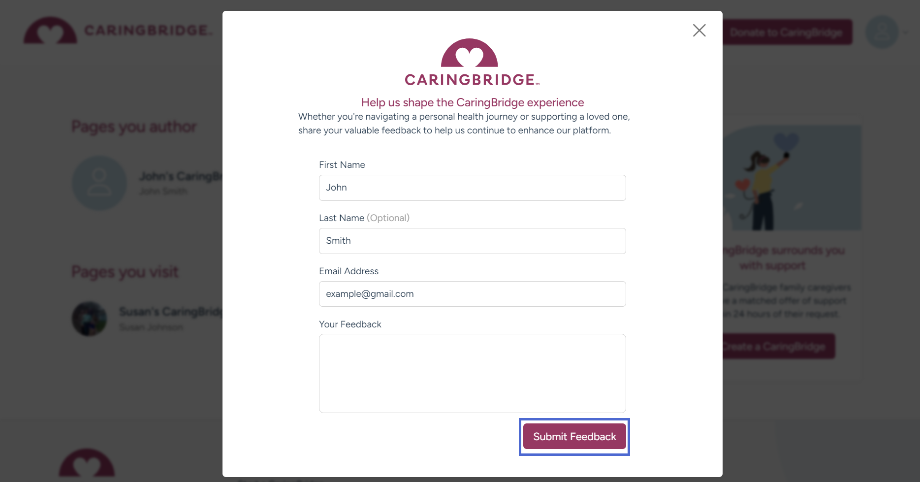 How do I give feedback to CaringBridge?