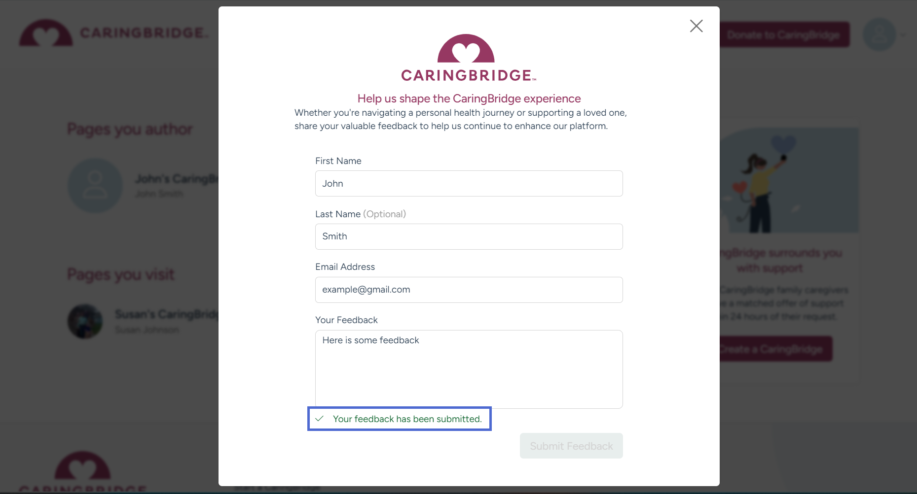 How do I give feedback to CaringBridge?