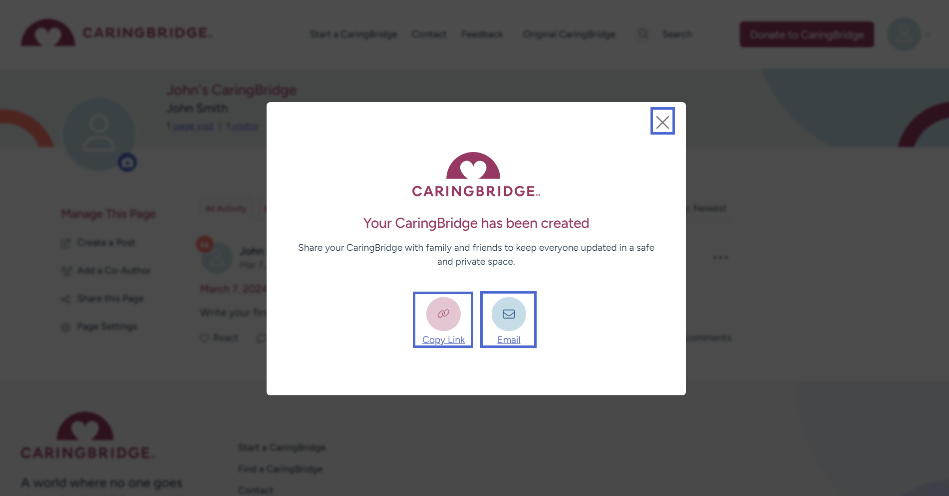 How do I start a new CaringBridge?