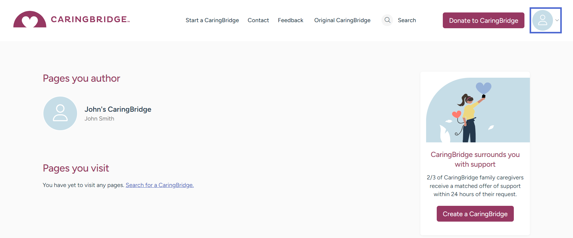 How do I update my name and profile photo in CaringBridge?