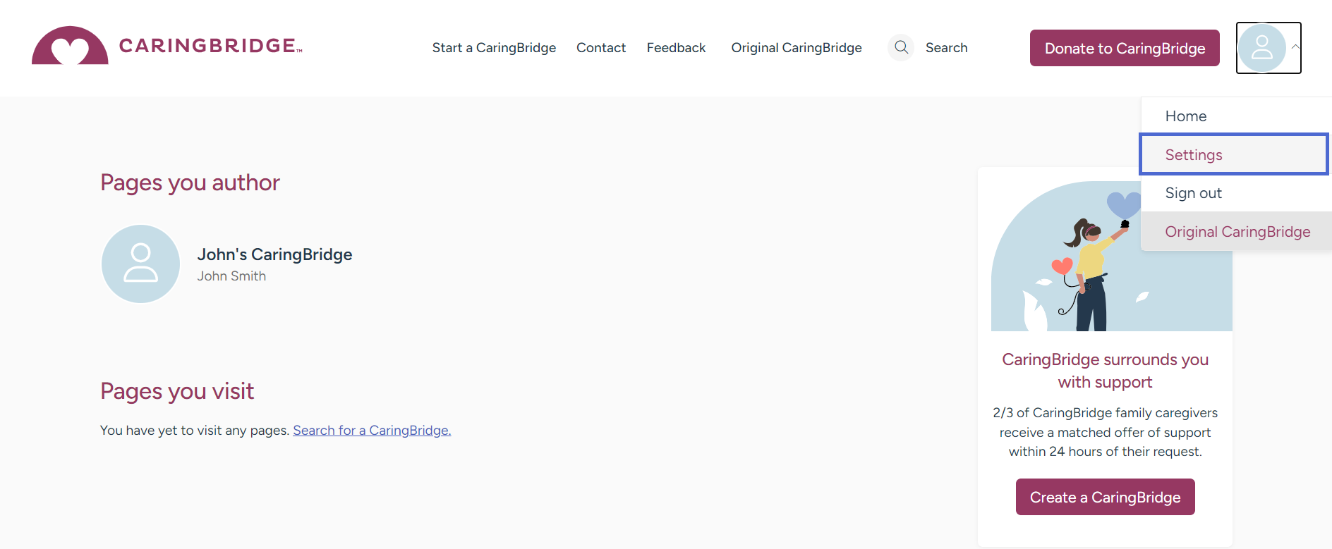 How do I update my name and profile photo in CaringBridge?