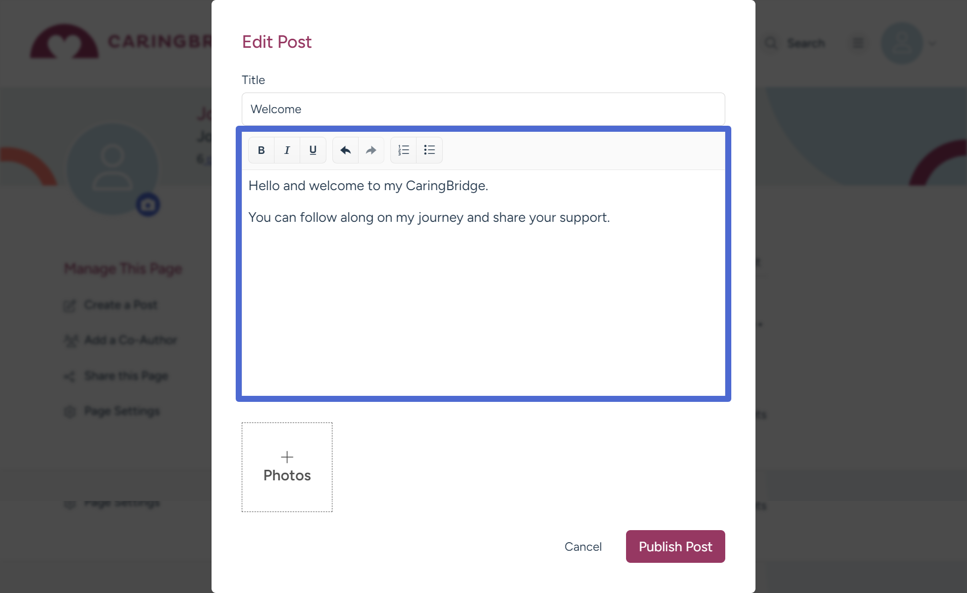 How do I create a new Post on CaringBridge?