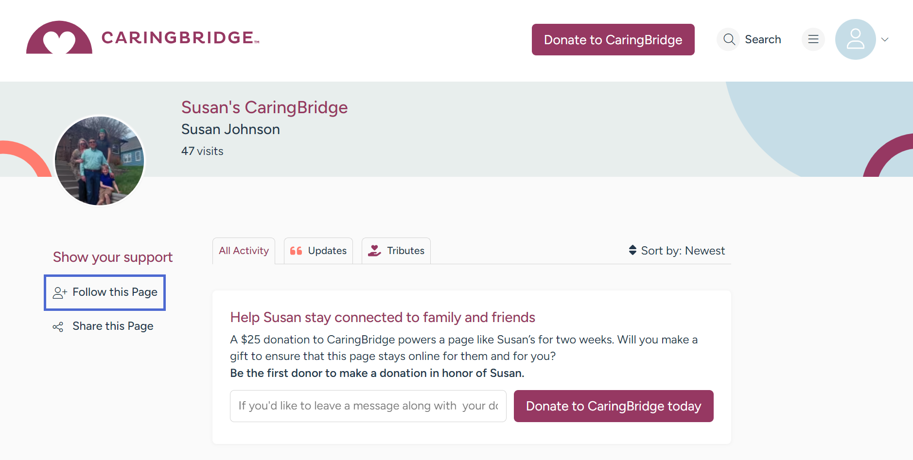 How do I follow someone's CaringBridge?