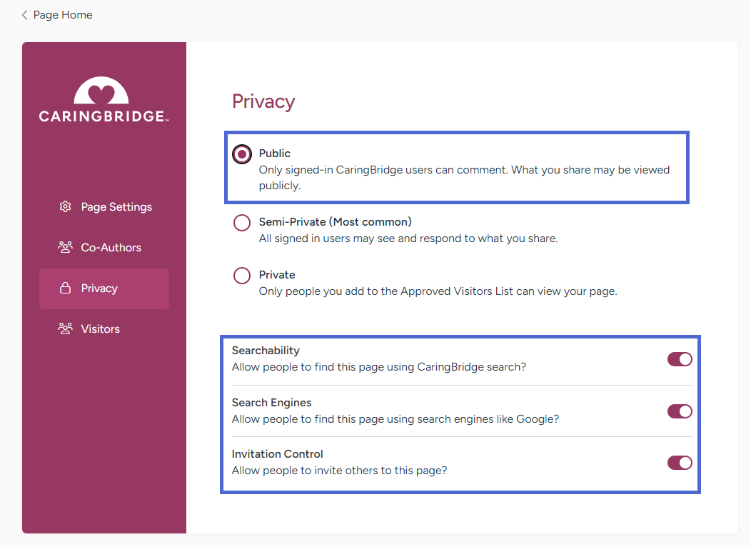 What is the Public Privacy setting on CaringBridge?
