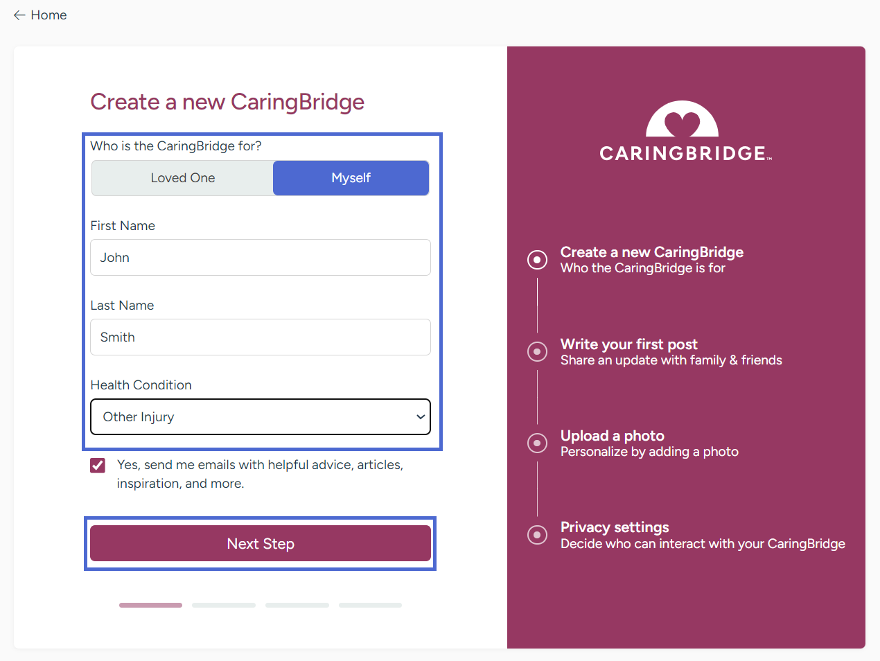 How do I start a new CaringBridge?