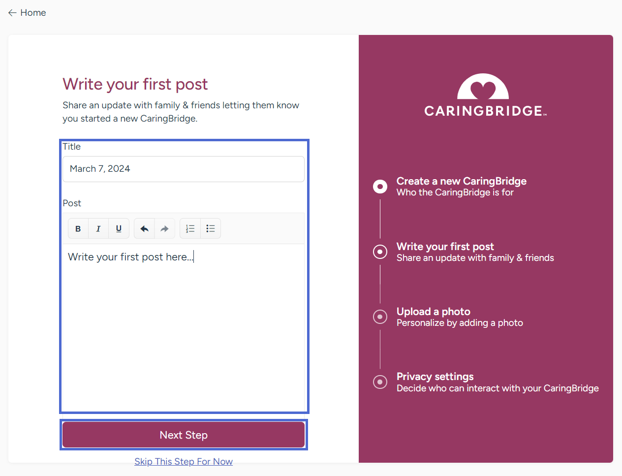 How do I start a new CaringBridge?