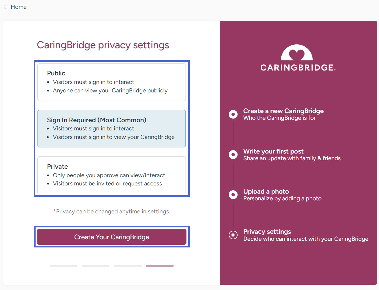 How do I start a new CaringBridge?