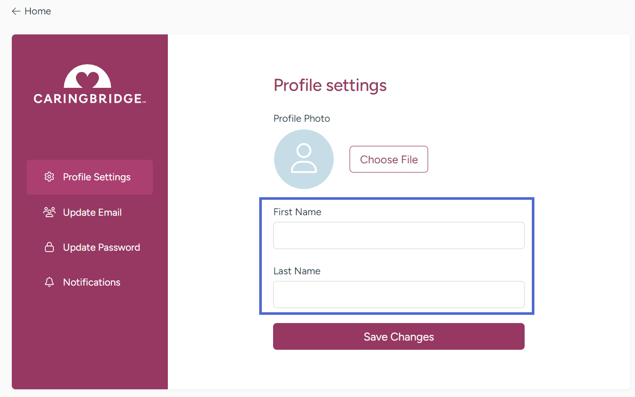 How do I update my name and profile photo in CaringBridge?