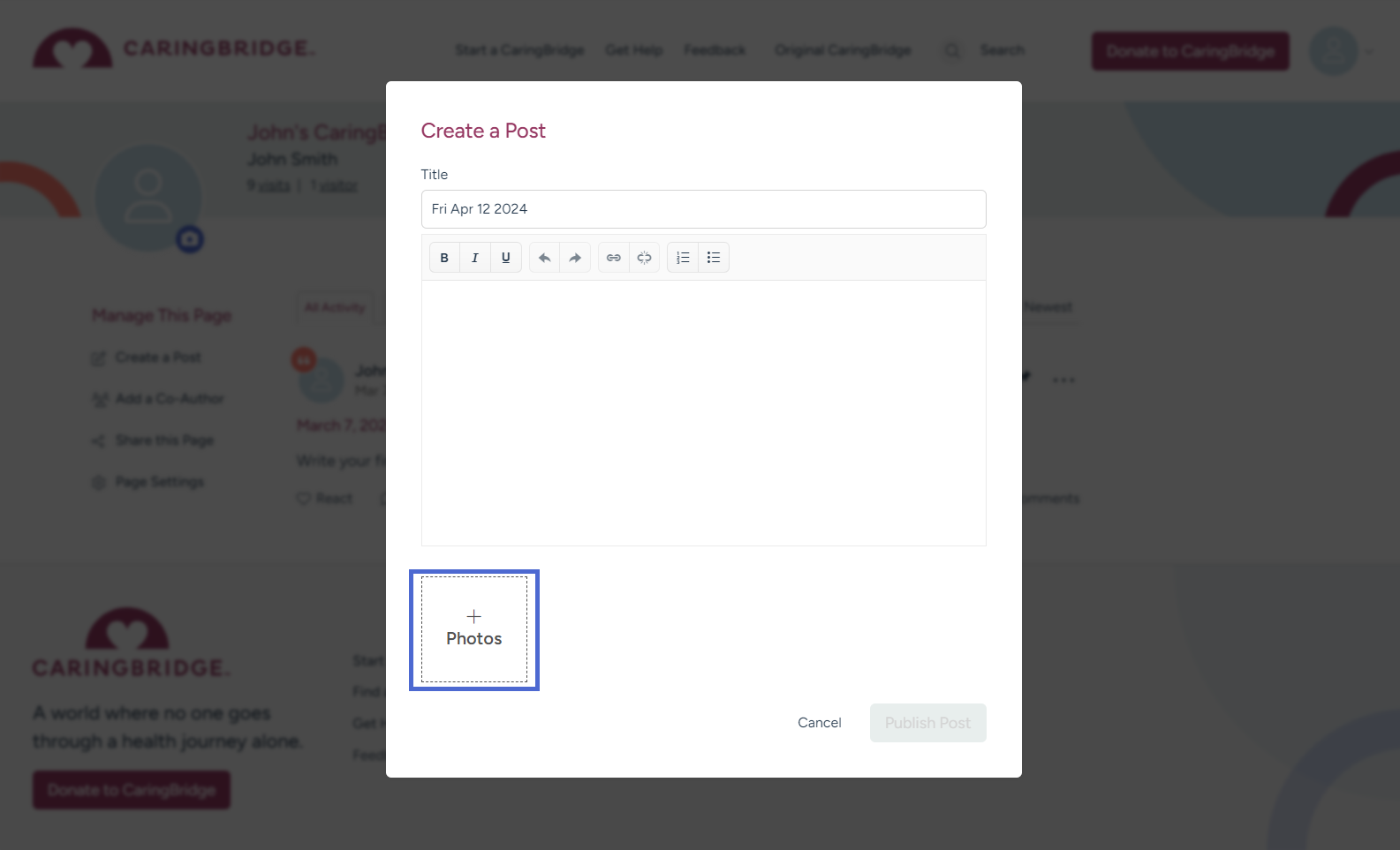 How do I add photos to my CaringBridge?